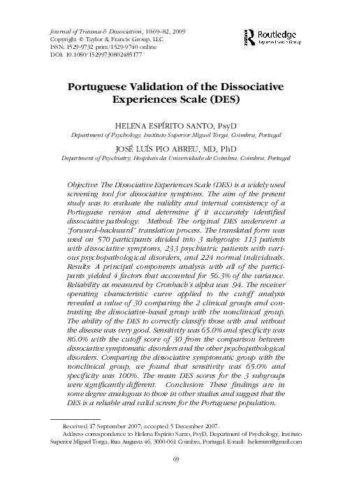 (PDF) Portuguese Validation of the Dissociative Experiences Scale (DES)