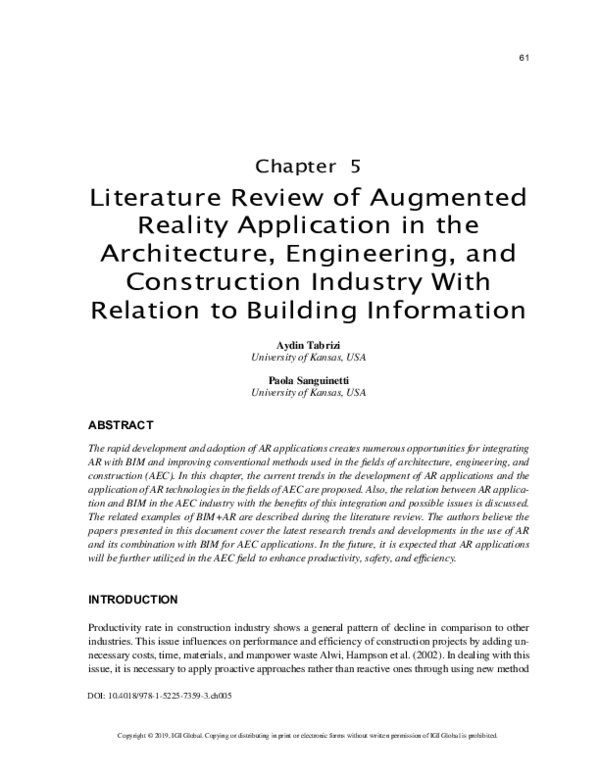 (PDF) Literature Review of Augmented Reality Application in the Architecture, Engineering, and ...