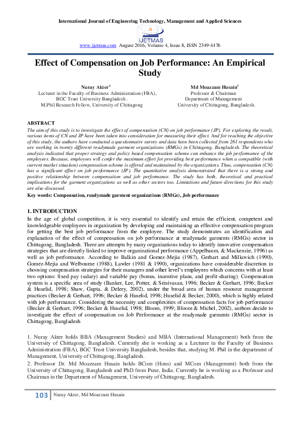 (PDF) Effect of Compensation on Job Performance: An Empirical Study