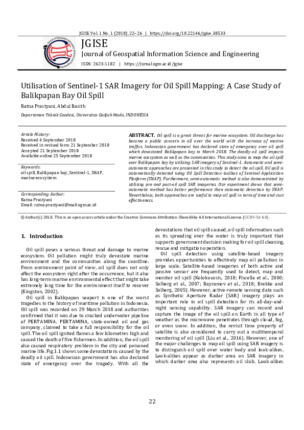 (PDF) Utilisation of Sentinel-1 SAR Imagery for Oil Spill Mapping: A Case Study of Balikpapan ...