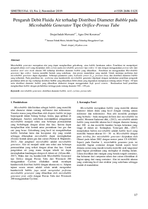 (PDF) Pengaruh Debit Fluida Air terhadap Distribusi Diameter Bubble pada Microbubble Generator ...
