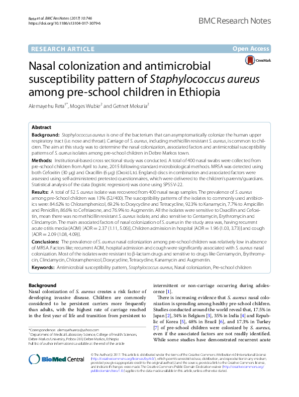 (PDF) Nasal colonization and antimicrobial susceptibility pattern of Staphylococcus aureus among ...