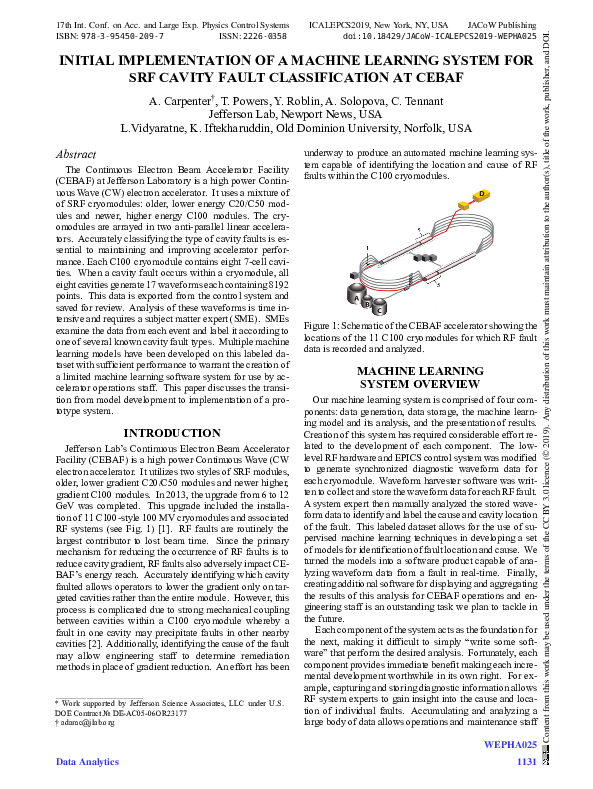 Initial Implementation of a Machine Learning System for SRF Cavity Fault Classification at CEBAF