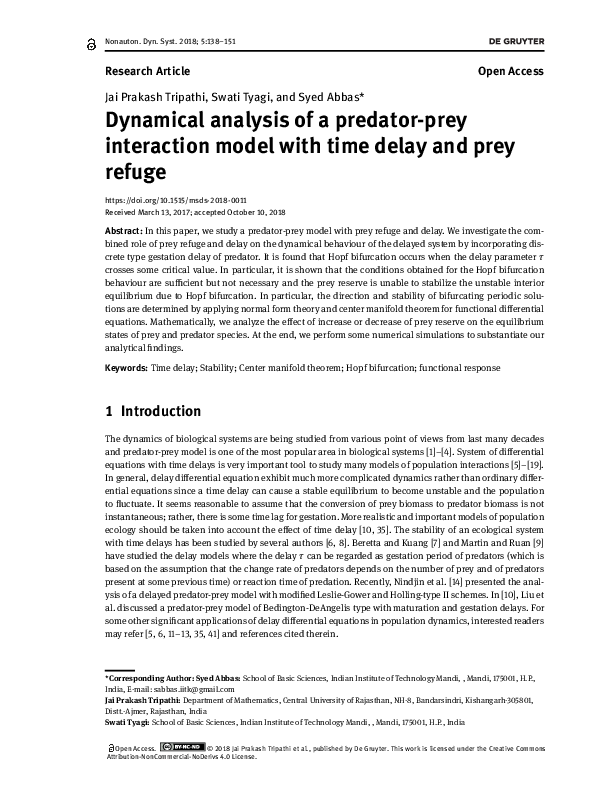 (PDF) Predator-Prey Dynamics with Delay and Refuge