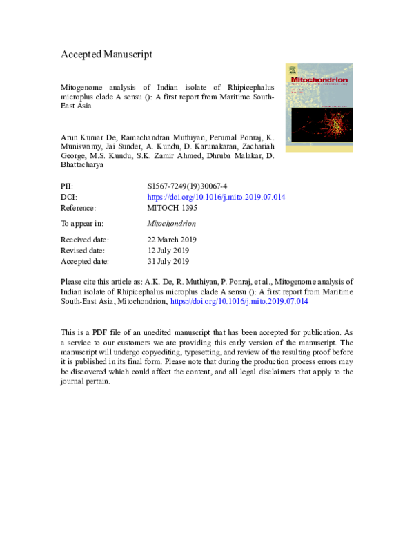 (PDF) Mitogenome analysis of Indian isolate of Rhipicephalus microplus clade A sensu ( ): A ...