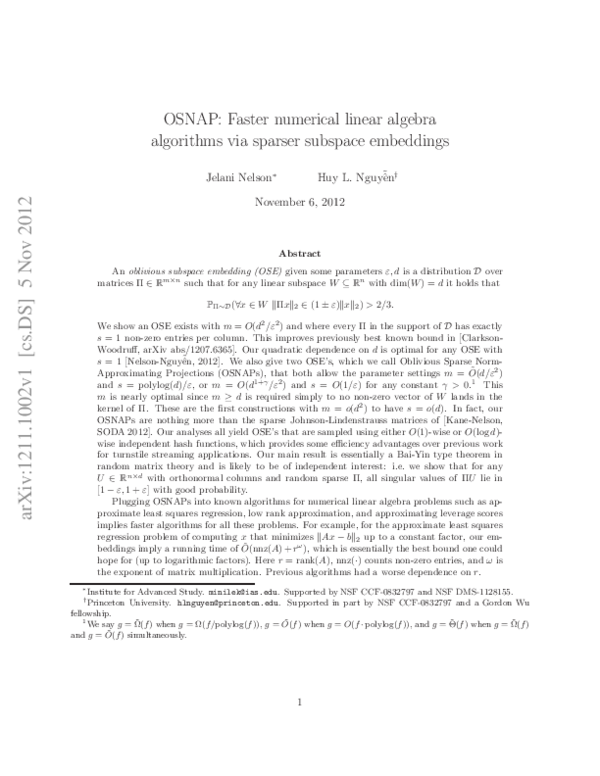 (PDF) OSNAP: Faster Numerical Linear Algebra Algorithms via Sparser ...