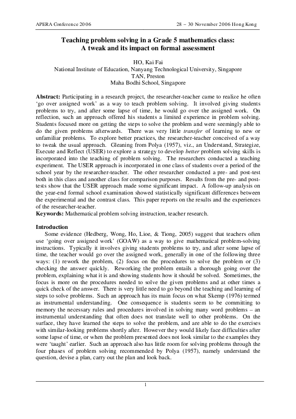 (PDF) Teaching problem solving in a Grade 5 mathematics class: A tweak and its impact on formal ...