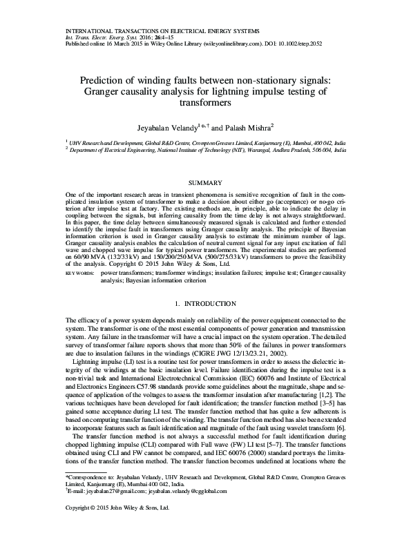 Pdf Prediction Of Winding Faults Between Non Stationary Signals Granger Causality Analysis