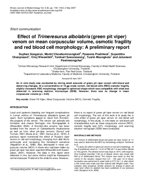 (PDF) Viper Venom Effects on RBC Properties