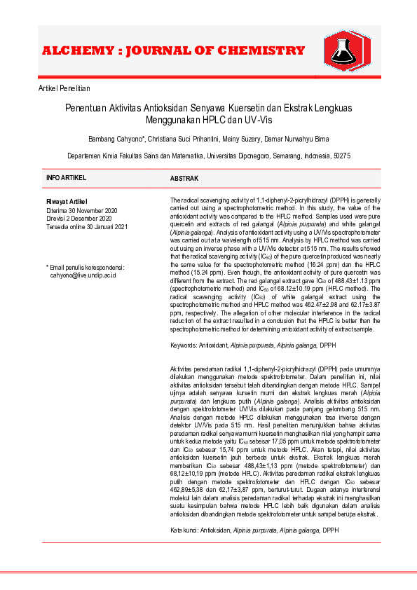 (PDF) Penentuan Aktivitas Antioksidan Senyawa Kuersetin dan Ekstrak Lengkuas Menggunakan HPLC ...