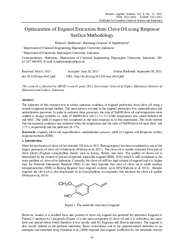 (PDF) Optimization of Eugenol Extraction from Clove Oil using Response Surface Methodology ...