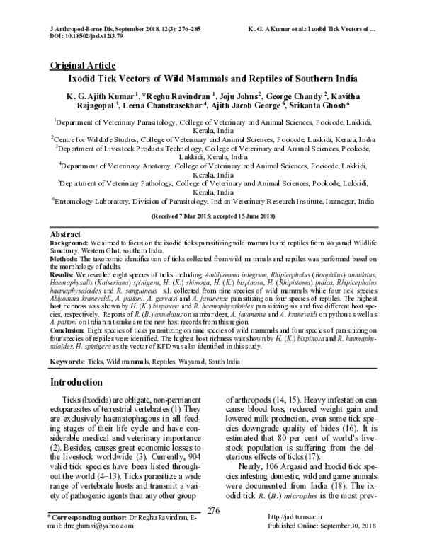 (PDF) Ixodid Tick Vectors of Wild Mammals and Reptiles of Southern India