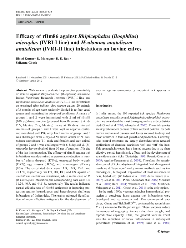 (PDF) Efficacy of rBm86 against Rhipicephalus (Boophilus) microplus (IVRI-I line) and Hyalomma ...