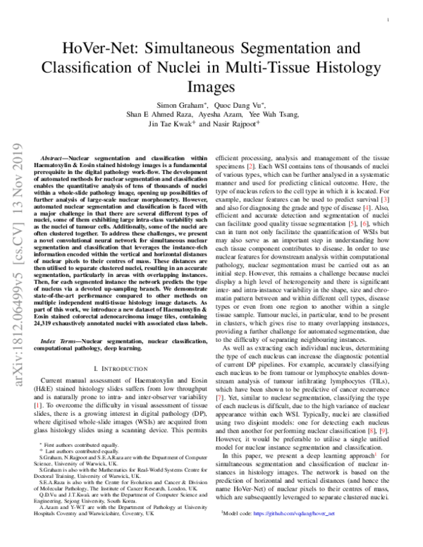 Pdf Hover Net Simultaneous Segmentation And Classification Of Nuclei In Multi Tissue