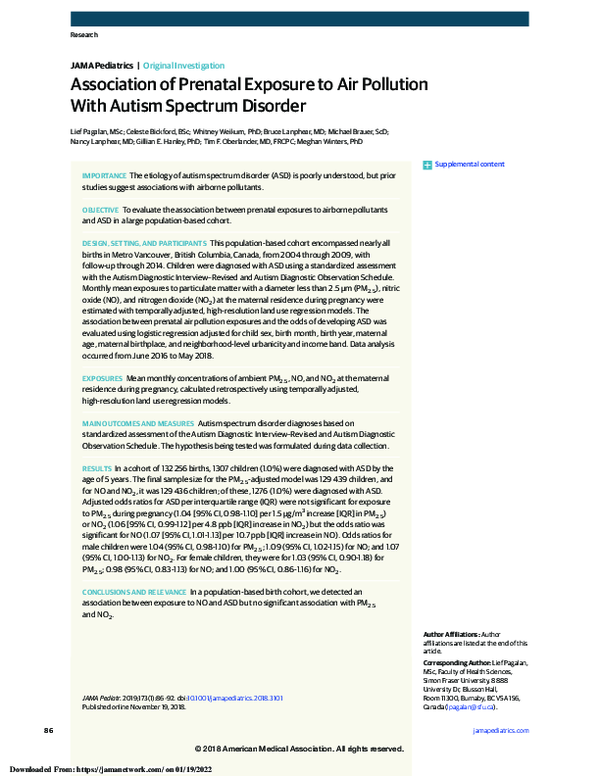 (PDF) Association of Prenatal Exposure to Air Pollution With Autism ...