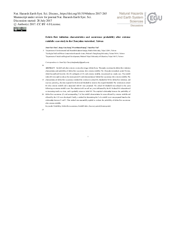 (PDF) Debris flow initiation characteristics and occurrence probability after extreme rainfalls ...