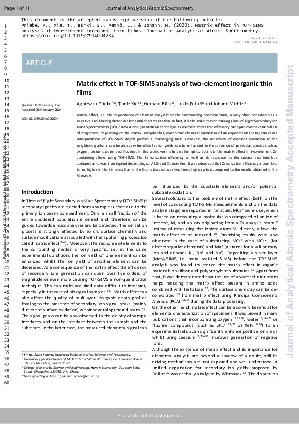 (PDF) The matrix effect in TOF-SIMS analysis of two-element inorganic ...