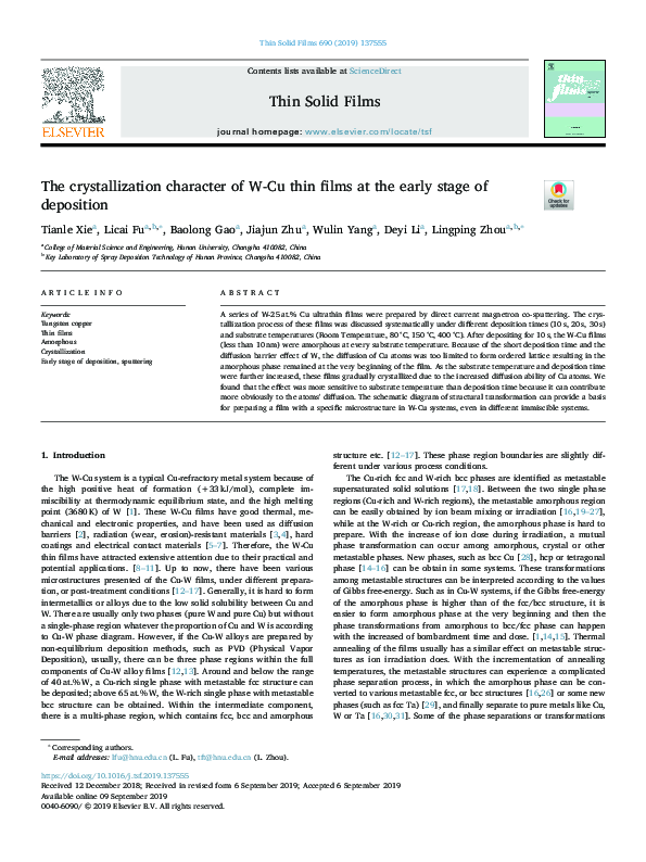 (PDF) The crystallization character of W-Cu thin films at the early ...