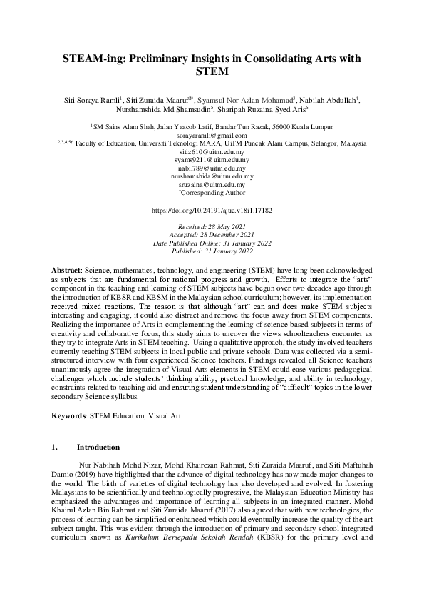 (PDF) STEAM-ing: Preliminary Insights in Consolidating Arts with STEM
