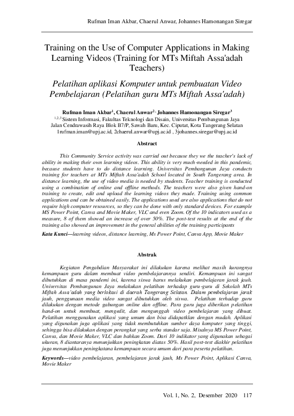 (PDF) Training on the Use of Computer Applications in Making Learning Videos (Training for MTs ...