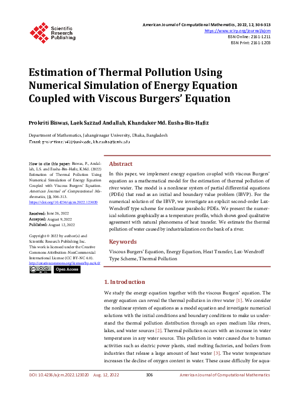 (PDF) Estimation of Thermal Pollution Using Numerical Simulation of Energy Equation Coupled with ...