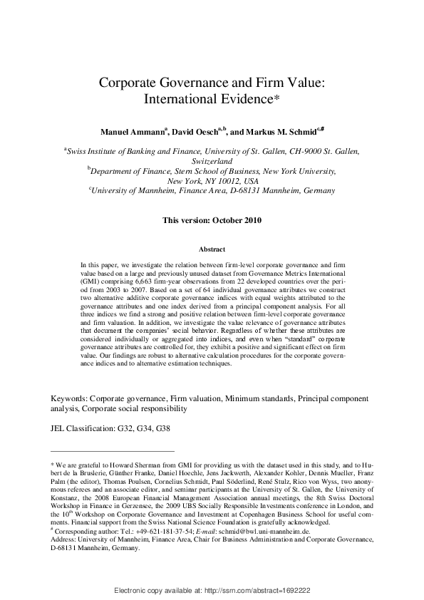 (PDF) Corporate governance and firm value: International evidence