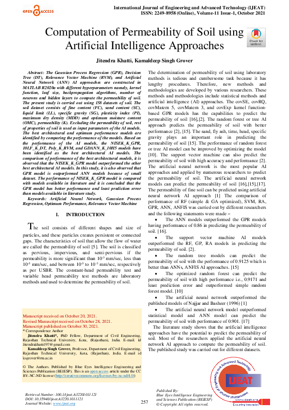 (PDF) Computation of Permeability of Soil using Artificial Intelligence Approaches