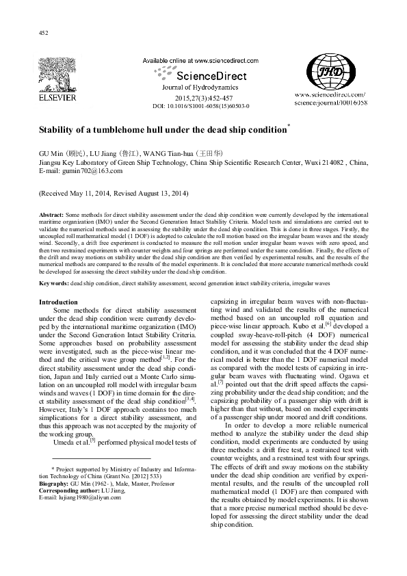 (PDF) Stability of a tumblehome hull under the dead ship condition