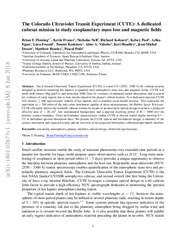 (PDF) The Colorado Ultraviolet Transit Experiment (CUTE): a dedicated ...