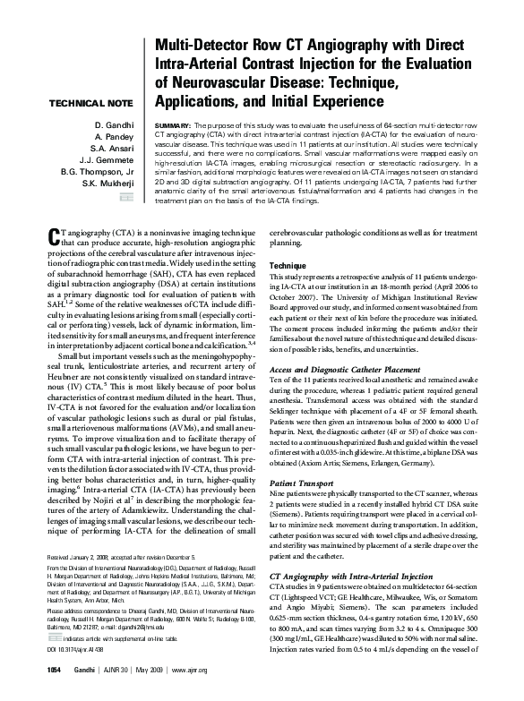 Pdf Multi Detector Row Ct Angiography With Direct Intra Arterial Contrast Injection For The