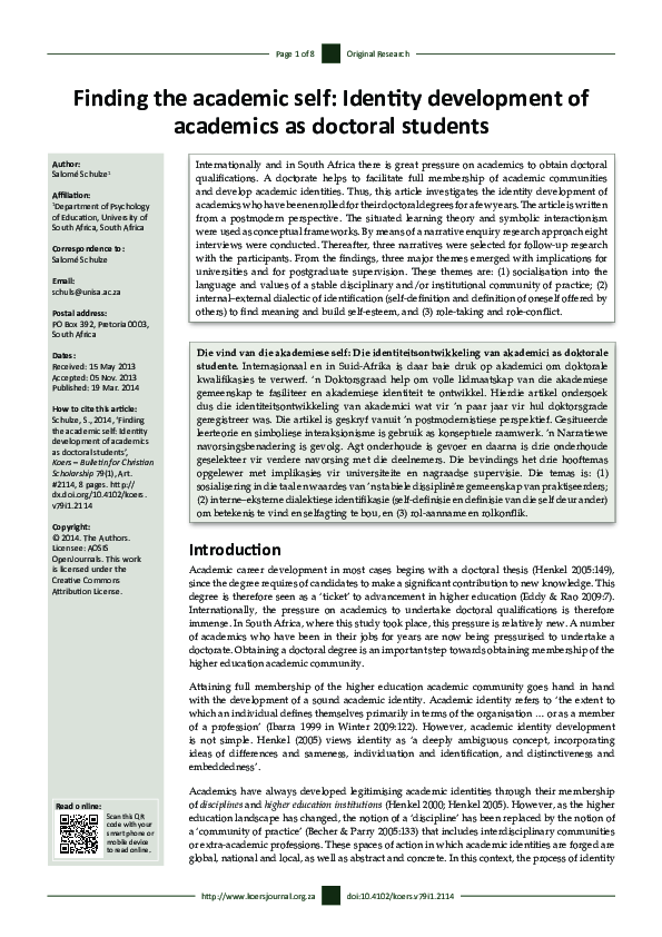 (PDF) Finding the academic self: Identity development of academics as ...