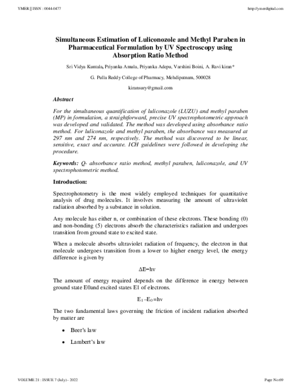 (PDF) Simultaneous Estimation of Luliconozole and Methyl Paraben in Pharmaceutical Formulation ...
