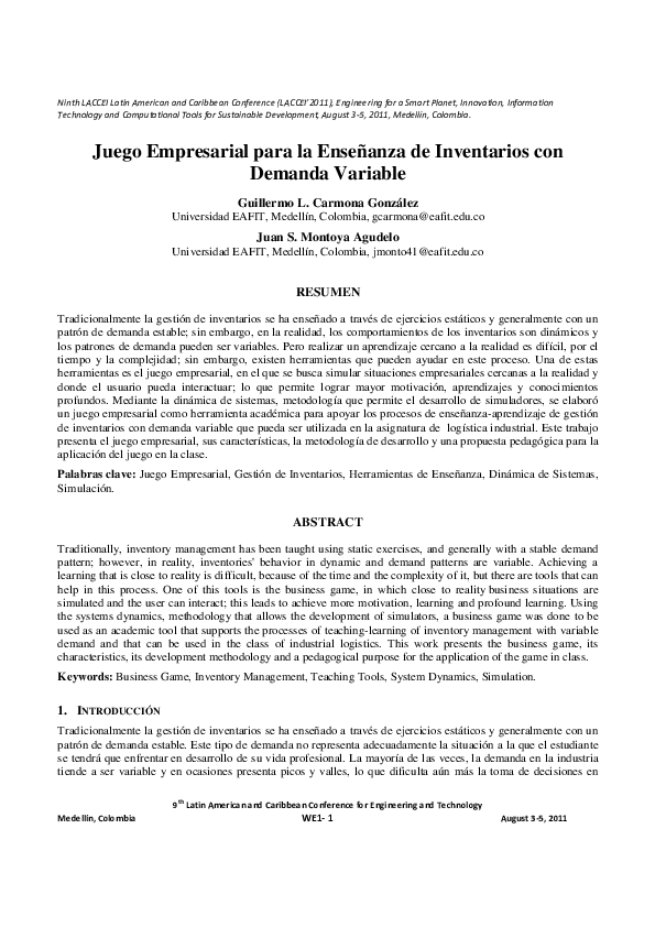 (PDF) Juego Empresarial para la Enseñanza de Inventarios con Demanda ...