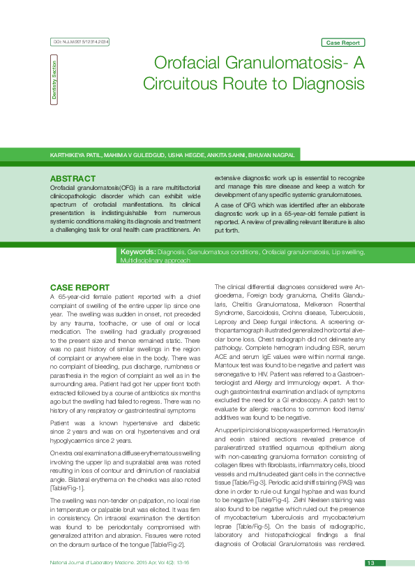 (PDF) Orofacial Granulomatosis- A Circuitous Route to Diagnosis
