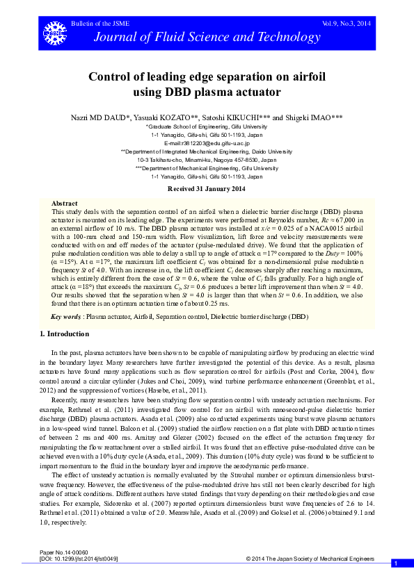 (PDF) Control of leading edge separation on airfoil using DBD plasma actuator