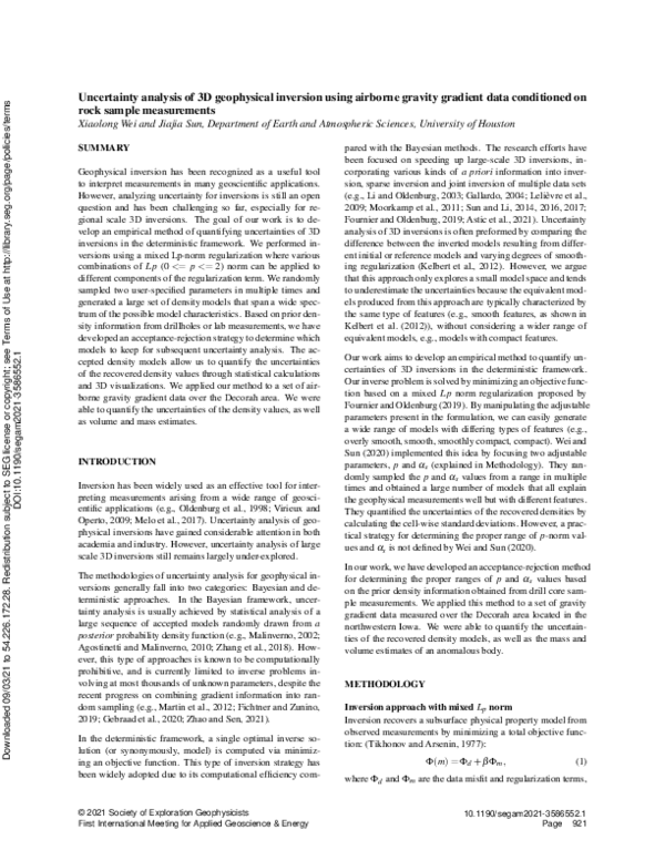 (PDF) Uncertainty analysis of 3D geophysical inversion using airborne ...