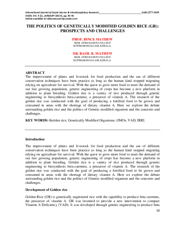 (PDF) THE POLITICS OF GENETICALLY MODIFIED GOLDEN RICE (GR): PROSPECTS ...