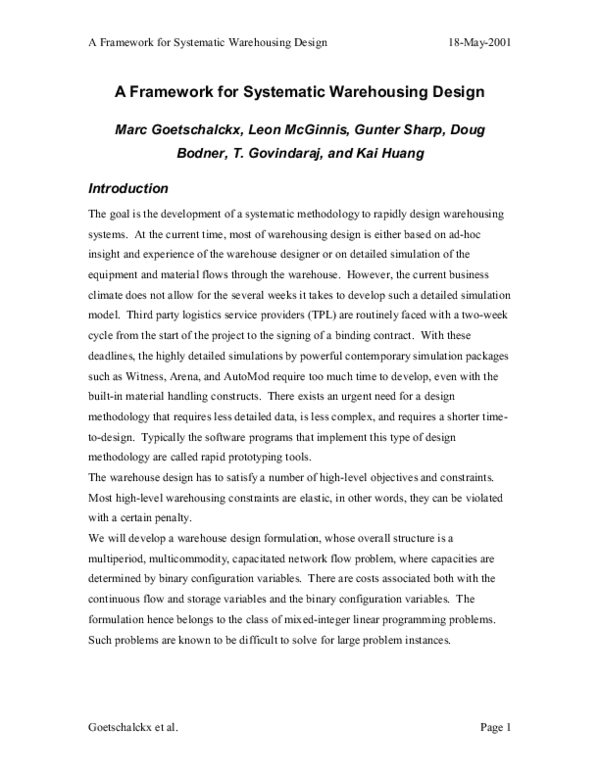 (PDF) A Framework for Systematic Warehousing Design 18-May-2001