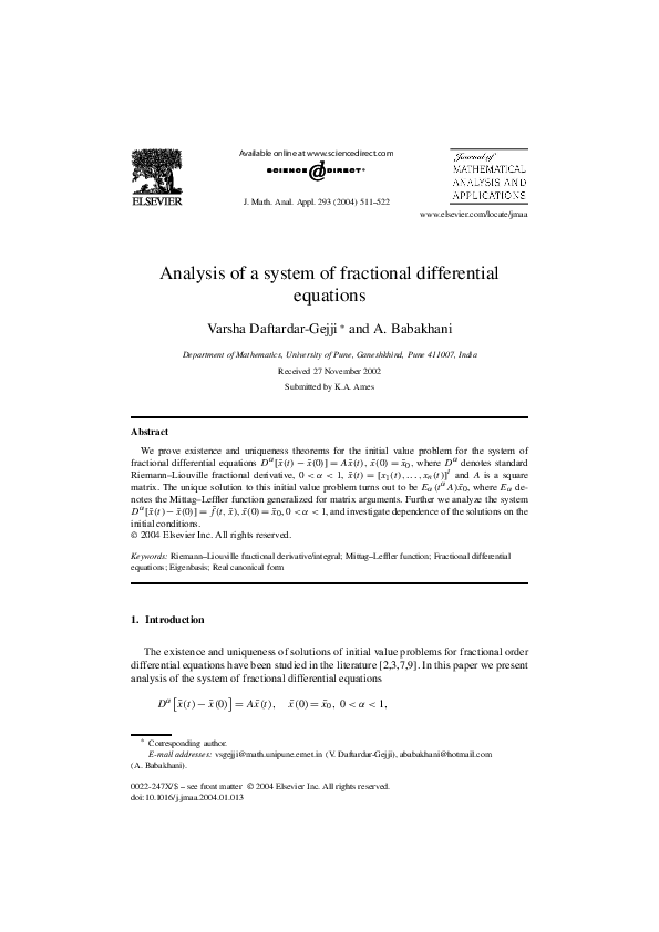Pdf Analysis Of A System Of Fractional Differential Equations