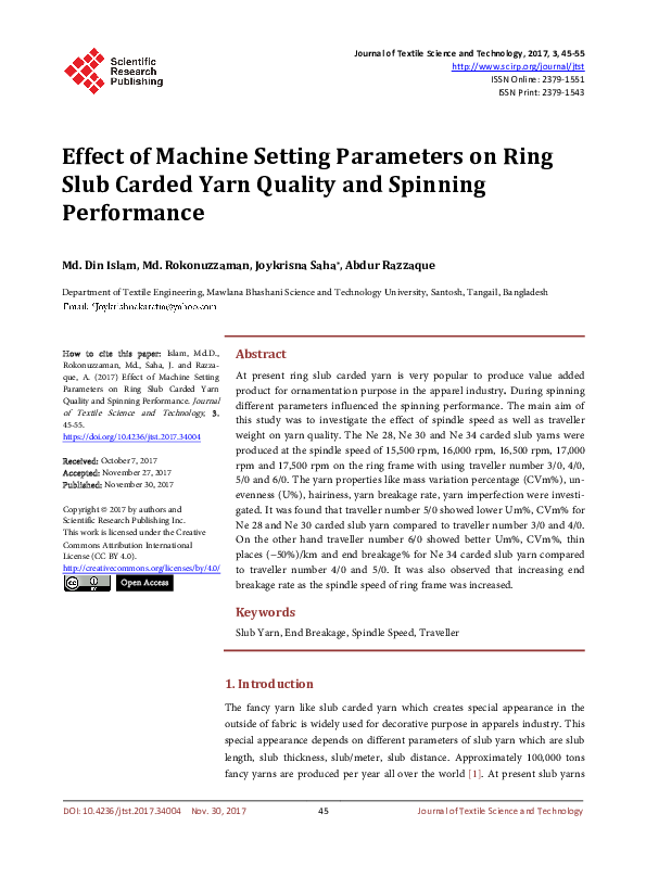 (PDF) Effect of Machine Setting Parameters on Ring Slub Carded Yarn ...