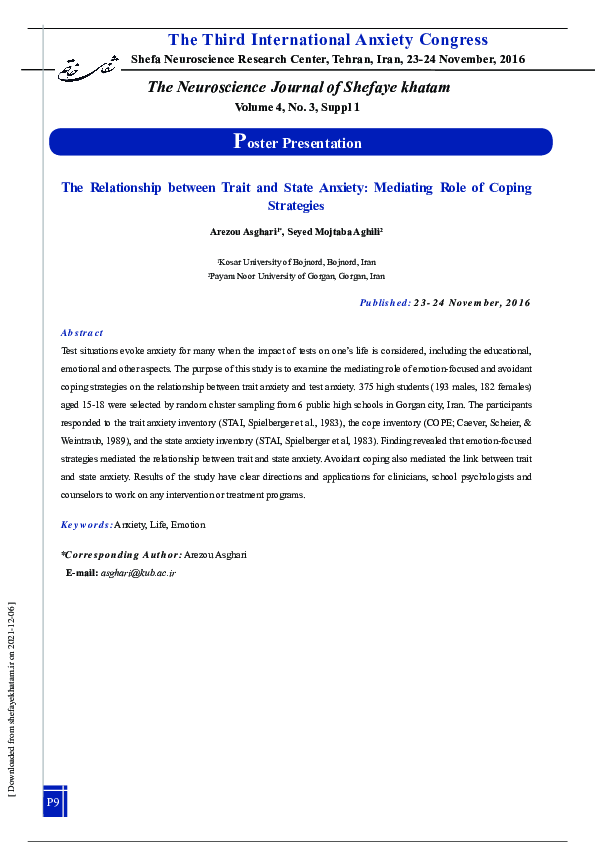 (PDF) P9: The Relationship between Trait and State Anxiety: Mediating Role of Coping Strategies
