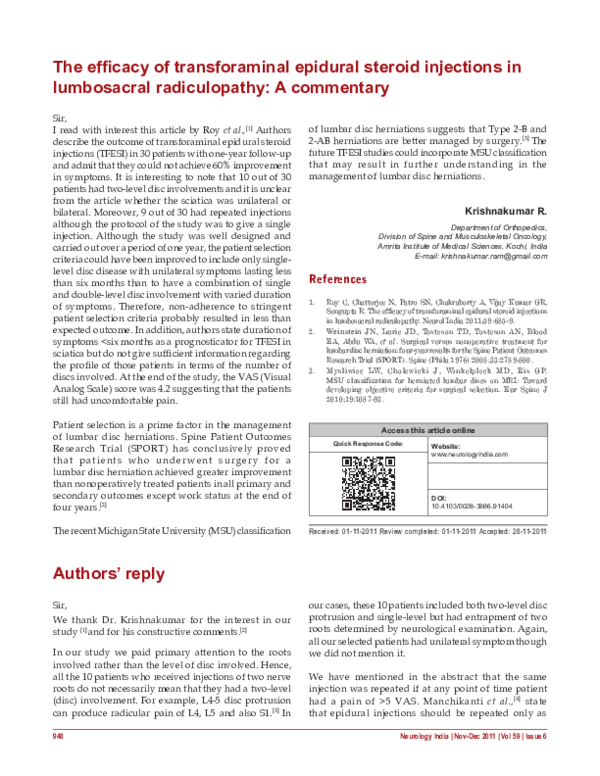 (PDF) The efficacy of transforaminal epidural steroid injections in ...