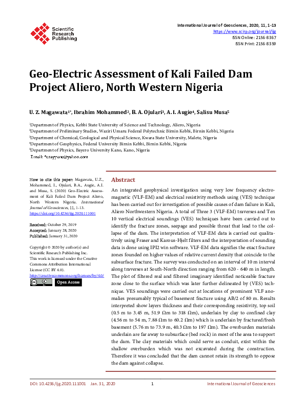 (PDF) Geo-Electric Assessment of Kali Failed Dam Project Aliero, North ...