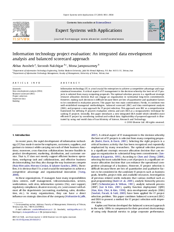Pdf Information Technology Project Evaluation An Integrated Data Envelopment Analysis And 