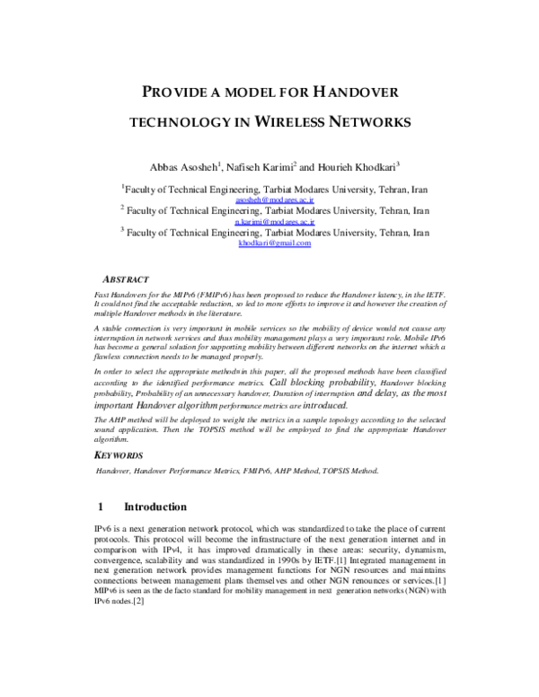 (PDF) Provide a Model for Handover Technology in Wireless Networks