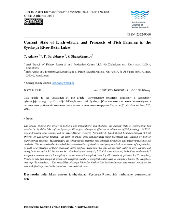 (PDF) Current State of Ichthyofauna and Prospects of Fish Farming in ...