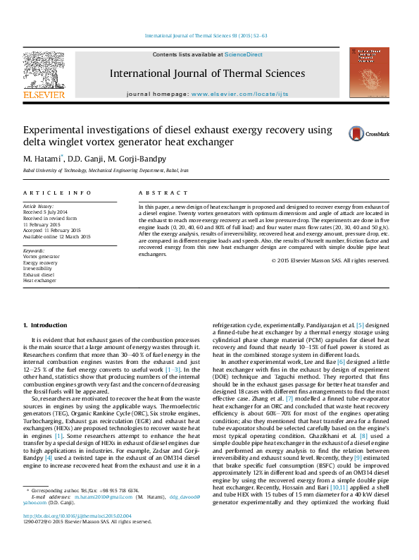 (PDF) Experimental investigations of diesel exhaust exergy recovery ...