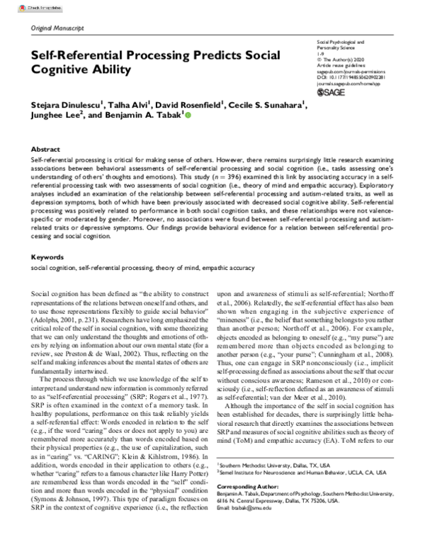 (PDF) Self-Referential Processing Predicts Social Cognitive Ability
