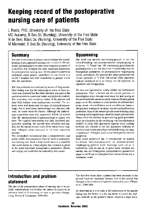 (PDF) Keeping record of the postoperative nursing care of patients