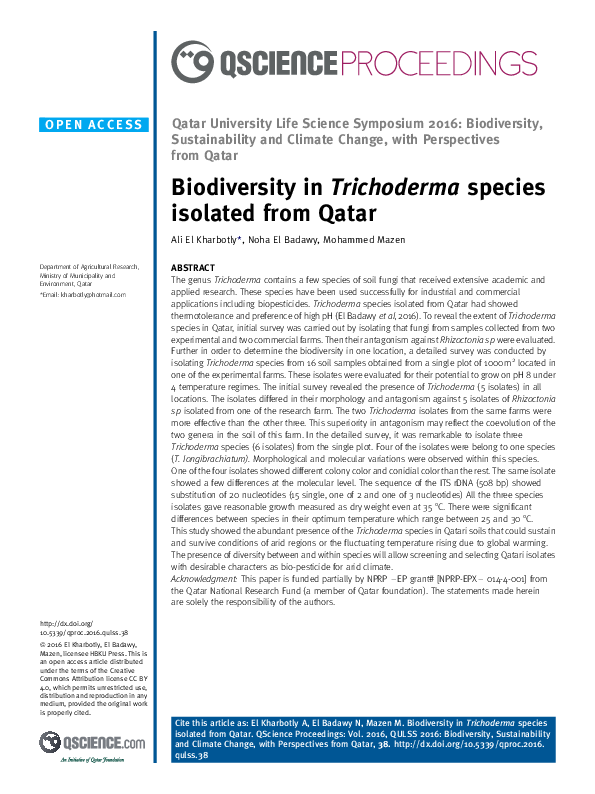 (PDF) Biodiversity in Trichoderma species isolated from Qatar